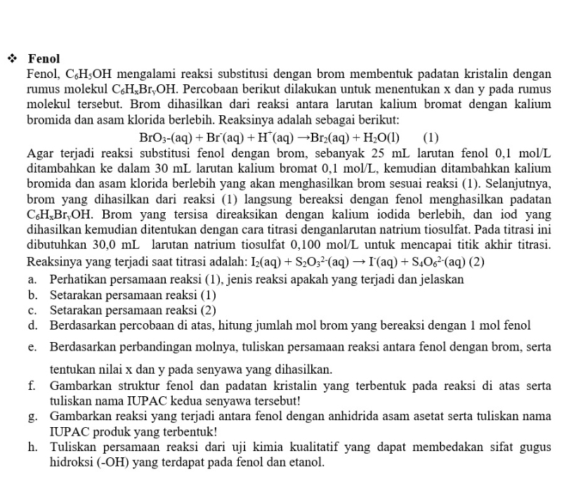 SOLVED: * Fenol Fenol, C6H5OH mengalami reaksi substitusi dengan brom ...