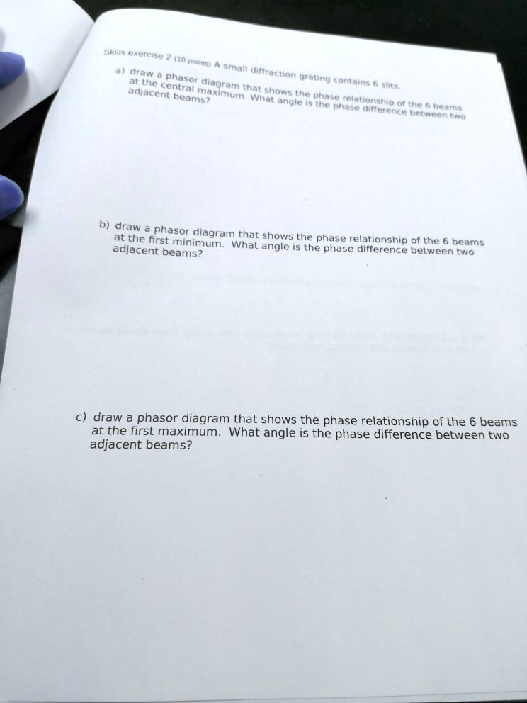 Skills exercise 2 (10 points) A small diffraction grating contains 6 slits. a) draw a phasor ...