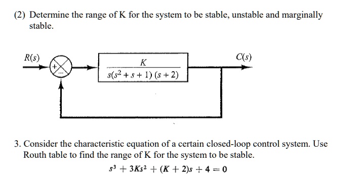 SOLVED: Determine the range of K for the system to be stable, unstable, and marginally stable. R ...