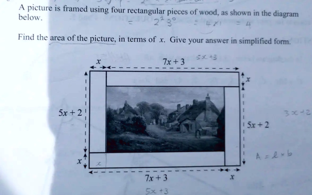 A picture is framed using four rectangular pieces of wood,...