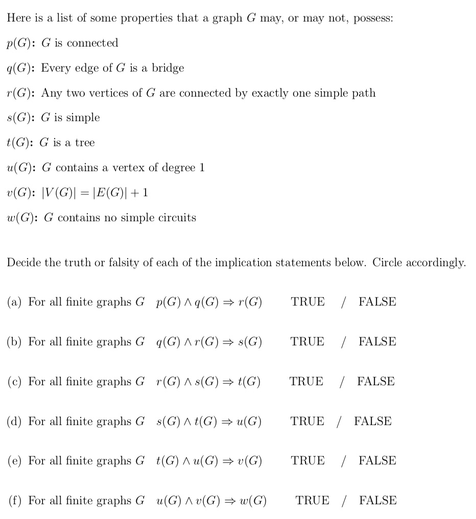 SOLVED:Here is a list of some properties that graph may; Or' may not, possess: p(G): G is ...