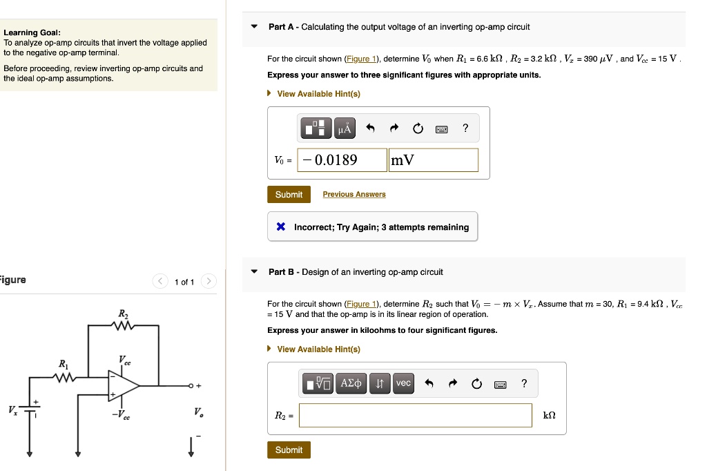 Solved Part A Calculating The Output Voltage In An Inverting Op Amp Circuit Learning Goal To