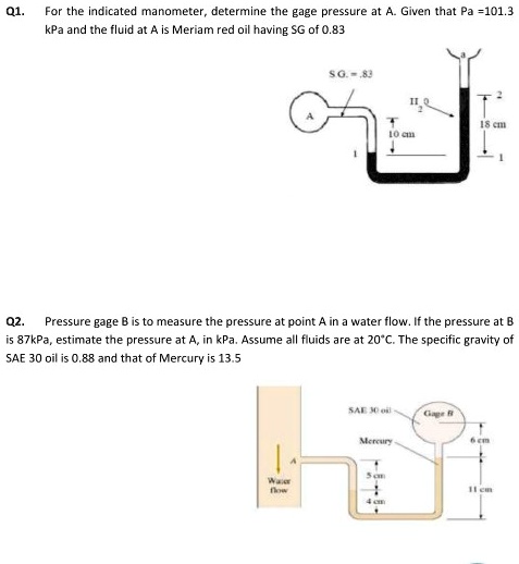 Q1. For the indicated manometer, determine the gage pressure at A ...