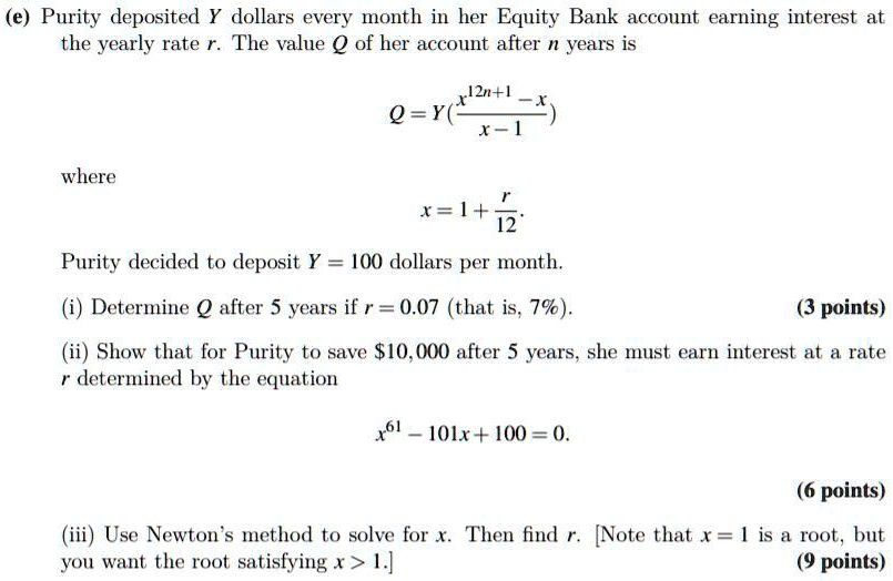 SOLVED: Purity deposited Y dollars every month in her Equity Bank ...