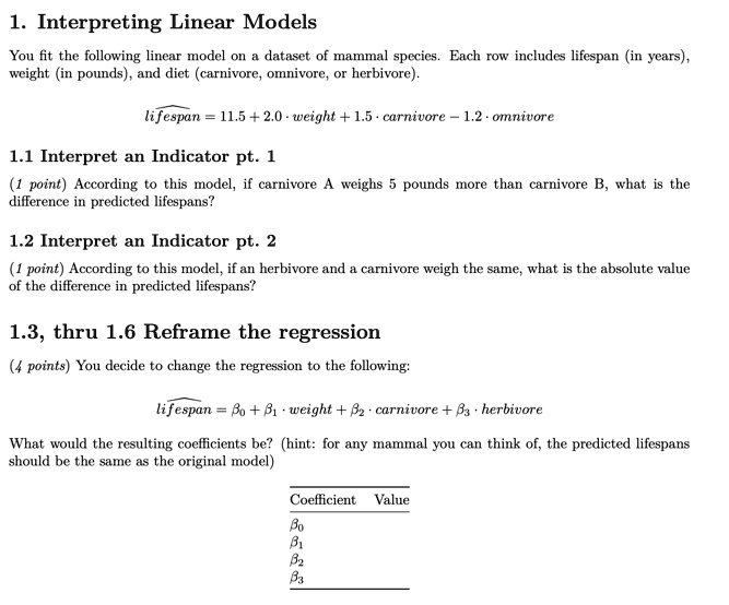 SOLVED: Interpreting Linear Models You fit the following linear model ...