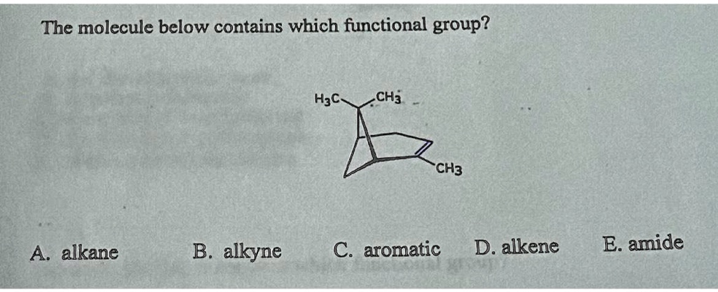 SOLVED: The molecule below contains which functional group? A. alkane B. alkyne C. aromatic D ...