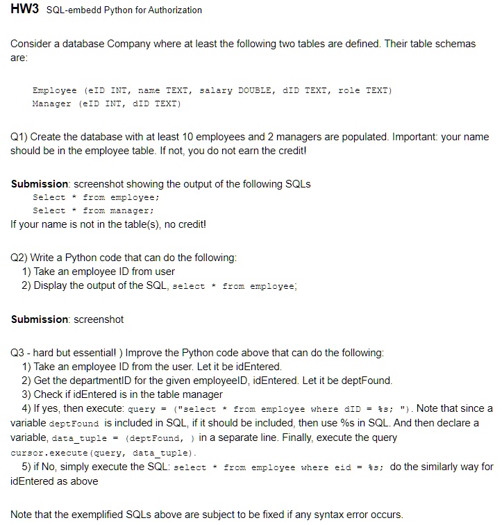 Hw3 Sql Embedd Python For Authorization Consider A Database Company Where At Least The Following 