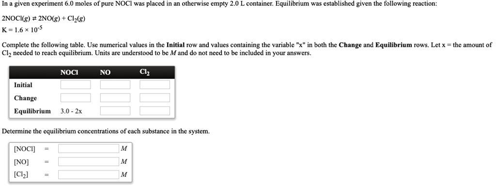 SOLVED:given experiment moles of pure NOCI was placed in an otherwise empty 2.0 L container ...