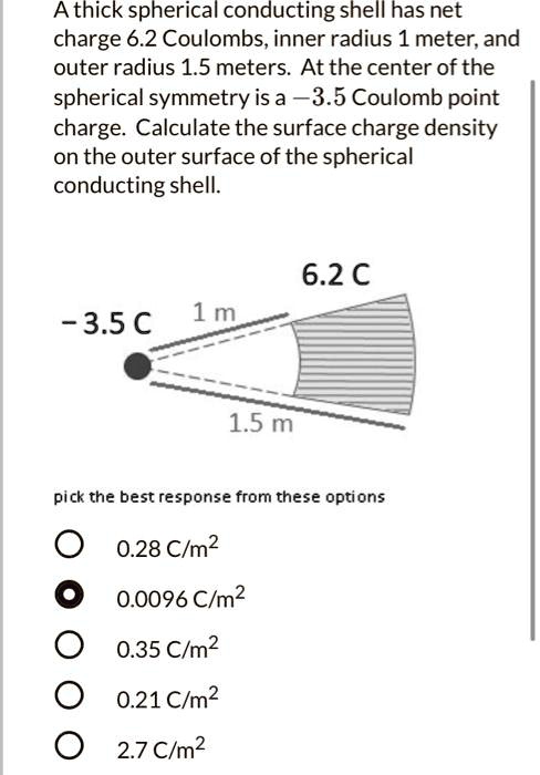 a thick spherical conducting shell has net charge 62 coulombs inner radius 1 meter and outer ...