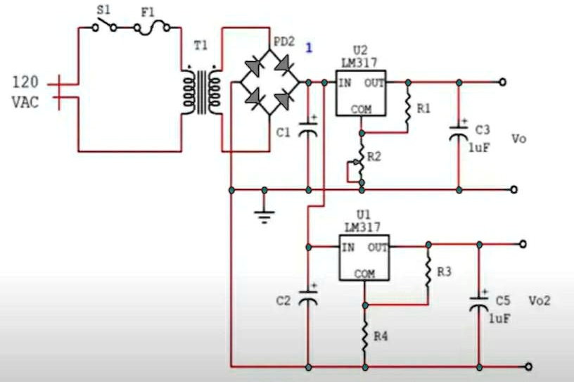 120 S1 F1 T1 PD2 1 U2 LM317 Leeee Leeee IN OUT COM R1 C1 C3 1uF Vo R2 ...