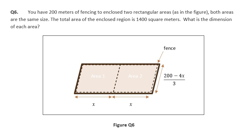 Q6. You have 200 meters of fencing to enclosed two rectangular areas ...