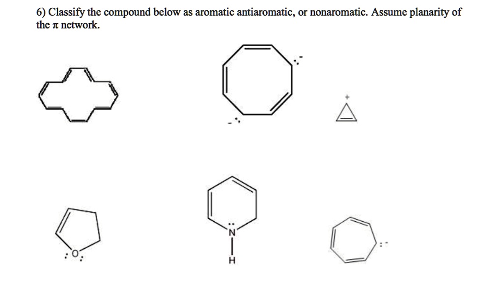 SOLVED: 6) Classify the compound below as aromatic antiaromatic, Or nonaromatic. Assume ...