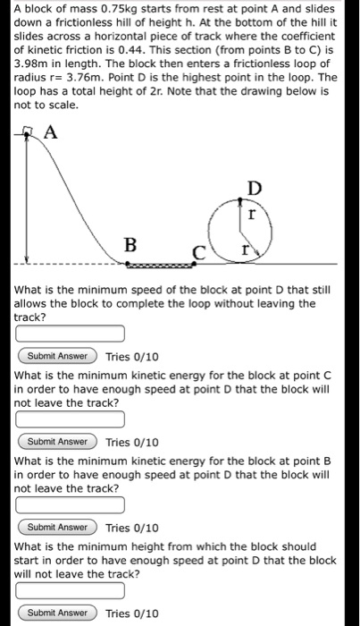 SOLVED: block of mass 75kg starts from rest at point and slides down frictionless hill of height ...