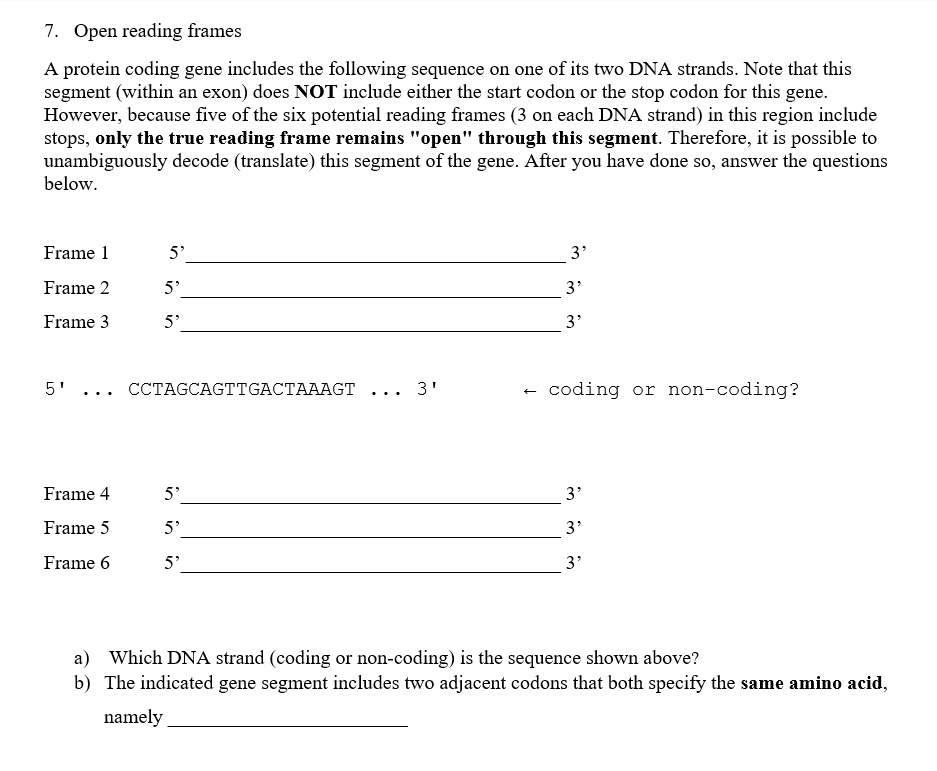 7. Open reading frames A protein coding gene includes the following ...