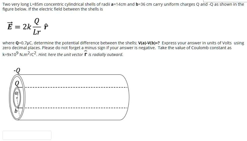 SOLVED: Two very long L-85m concentric cylindrical shells of radii a ...