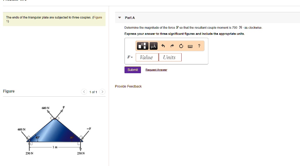SOLVED: The ends of the triangular plate are subjected to three couples. (Figure 1) Part A ...