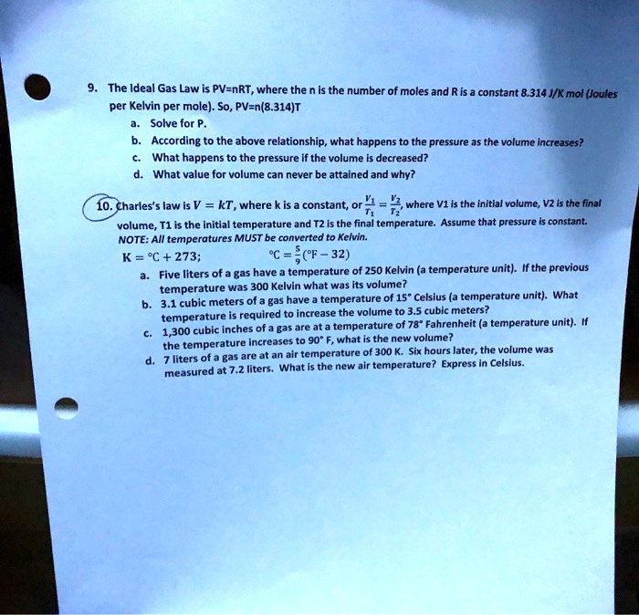 SOLVED: The Ideal Gas Law is PV-nRT, where the Is the number of moles ...