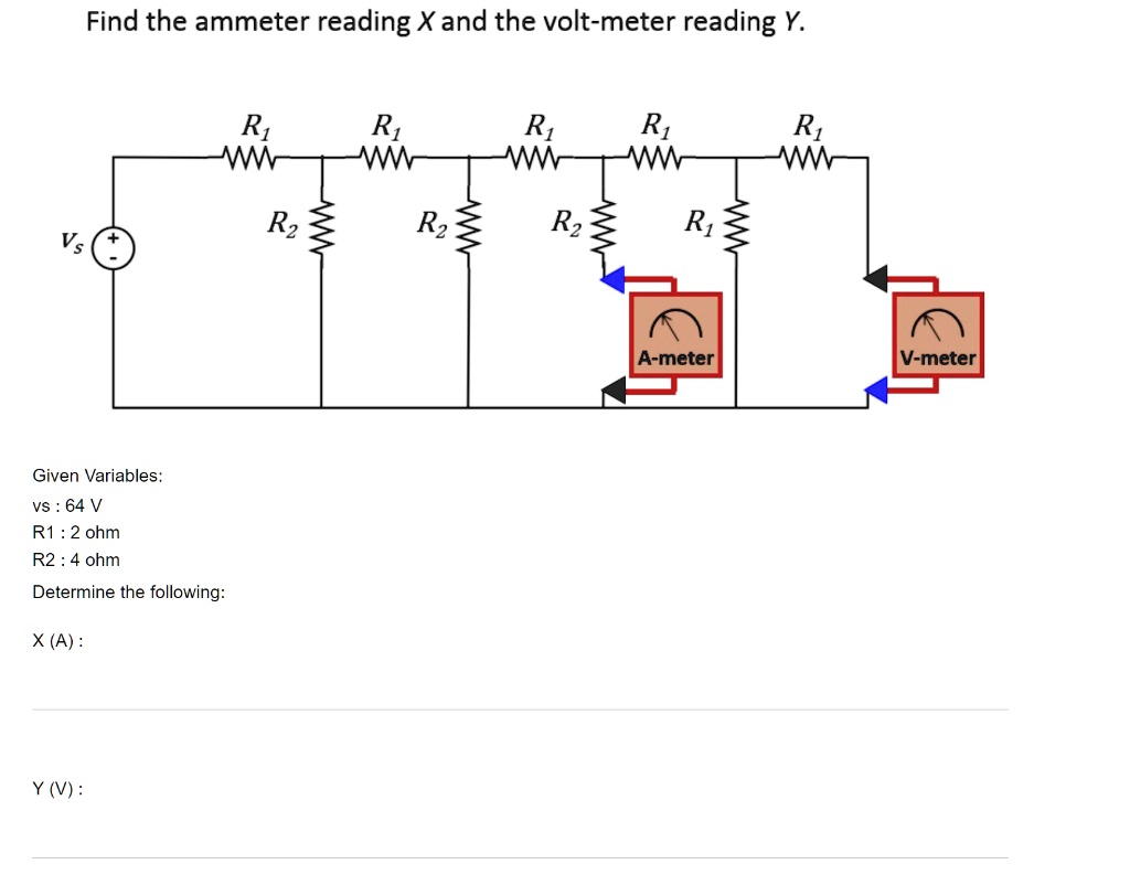 Find the ammeter reading X and the volt-meter reading Y. R1 R1 R1 R1 WW R1 WW R2 R2 R2 R1 Vs ...