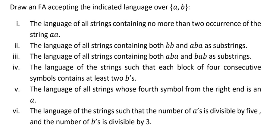 Draw an FA accepting the indicated language over {a, b}: i. The language of all strings ...
