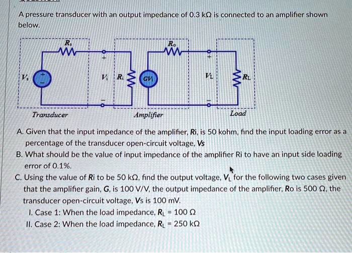 SOLVED: A pressure transducer with an output impedance of O.3 kQ is connected to an amplifier ...
