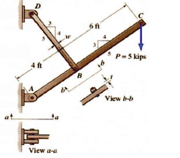 at D 4 ft A 3 6 ft 4 w 5 4 3 View a-a a B 64 16 C 5 P=5 kips View b-b