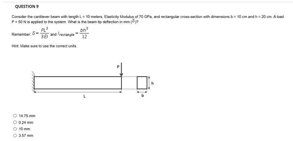 SOLVED: QUESTION9 Consider the cantilever beam with length L = 10 meters, Elasticity Modulus of ...