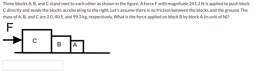 SOLVED: Three blocks A, B, and C stand next to each other as shown in the figure. A force F with ...