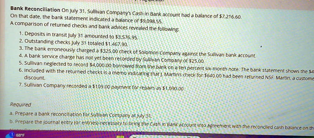 SOLVED: Texts: Bank Reconciliation On July 31, Sullivan Company's Cash ...