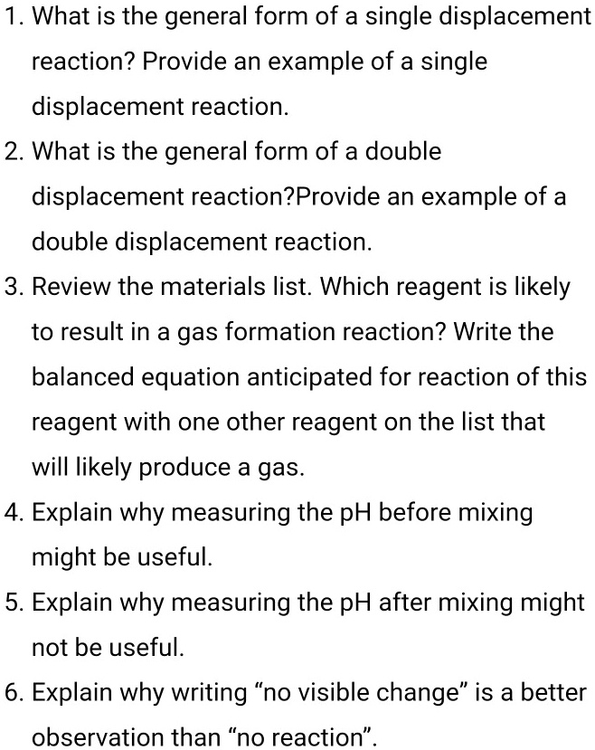 1 what is the general form of a single displacement reaction provide an example of a single ...