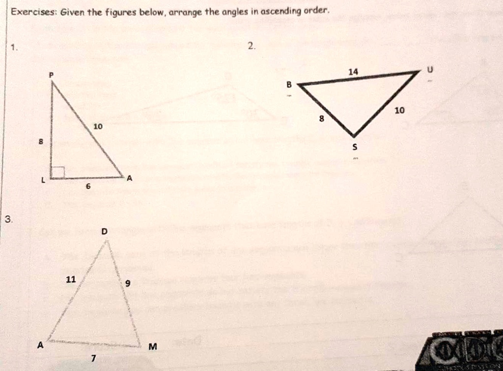 SOLVED: Exercises: Given the figures below, arrange the angles in ascending order: 10 10 11