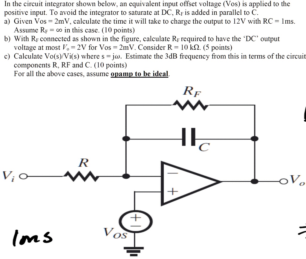 In the circuit integrator shown below, an equivalent input offset voltage (Vos) is applied to ...