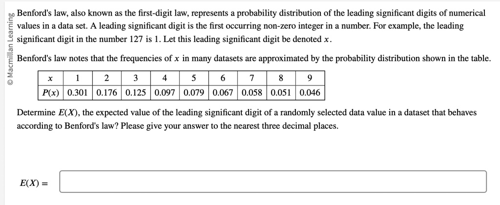 SOLVED: Benford's law, also known as the first-digit law, represents a probability distribution ...