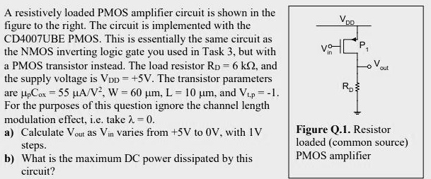 SOLVED: A resistively loaded PMOS amplifier circuit is shown in the figure to the right. The ...