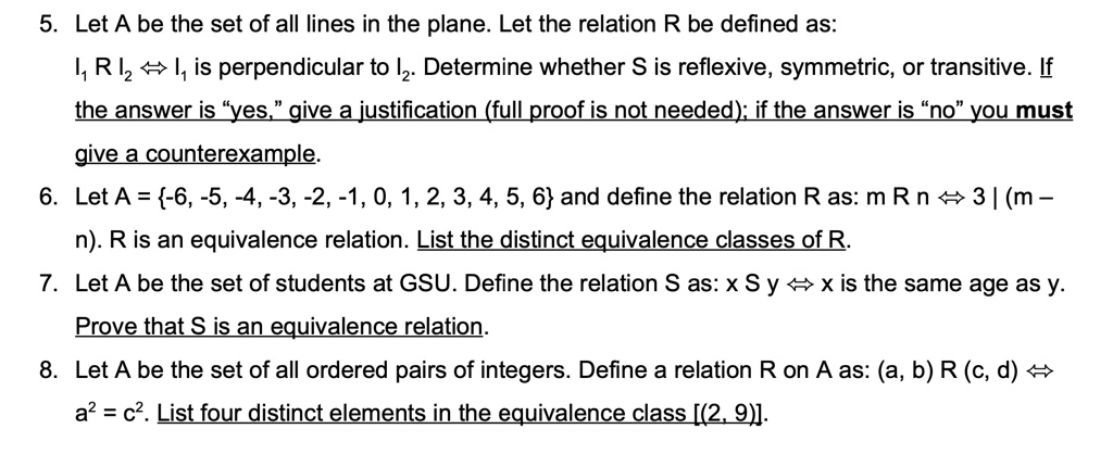 SOLVED: 5. Let A be the set of all lines in the plane Let the relation ...