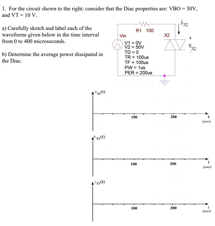 SOLVED: For the circuit shown to the right, consider that the Diac properties are: VBO = 30V and ...