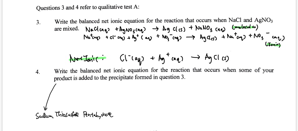 SOLVED: Questions 3 and 4 refer to qualitative test A: Write the ...