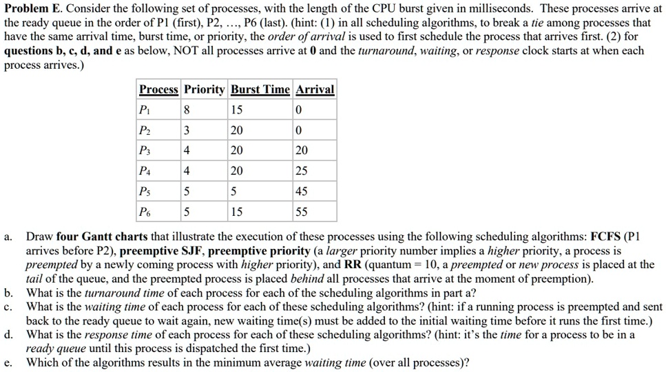 SOLVED: Problem E. Consider the following set of processes, with the ...