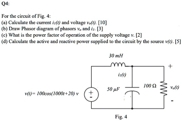 Q4: For the circuit of Fig. 4: (a) Calculate the current i1(t) and voltage vo(t). [10] (b) Draw ...