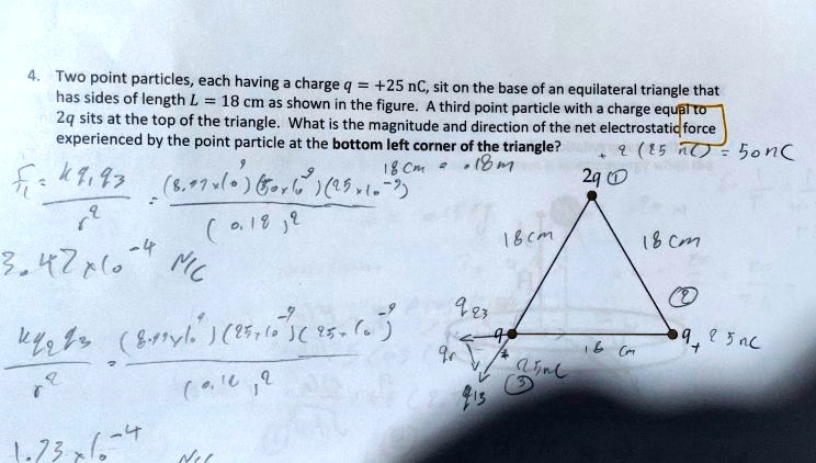 SOLVED: Two point particles, each having charge q = +25 nC, sit on the ...