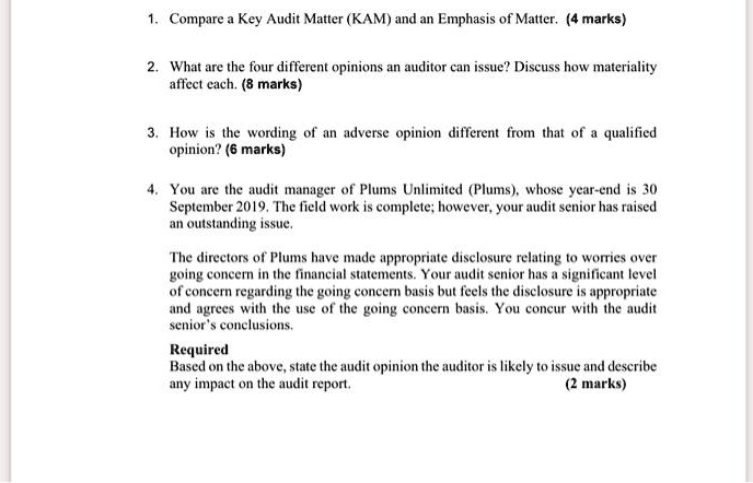 1. Compare a Key Audit Matter (KAM) and an Emphasis of Matter. (4 marks ...