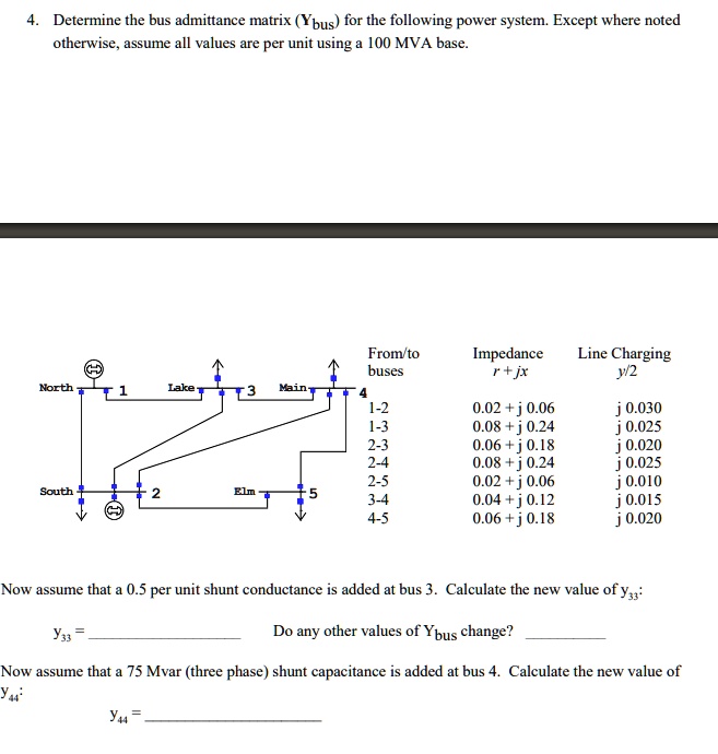 4. Determine the bus admittance matrix (Ybus) for the following power system. Except where noted ...