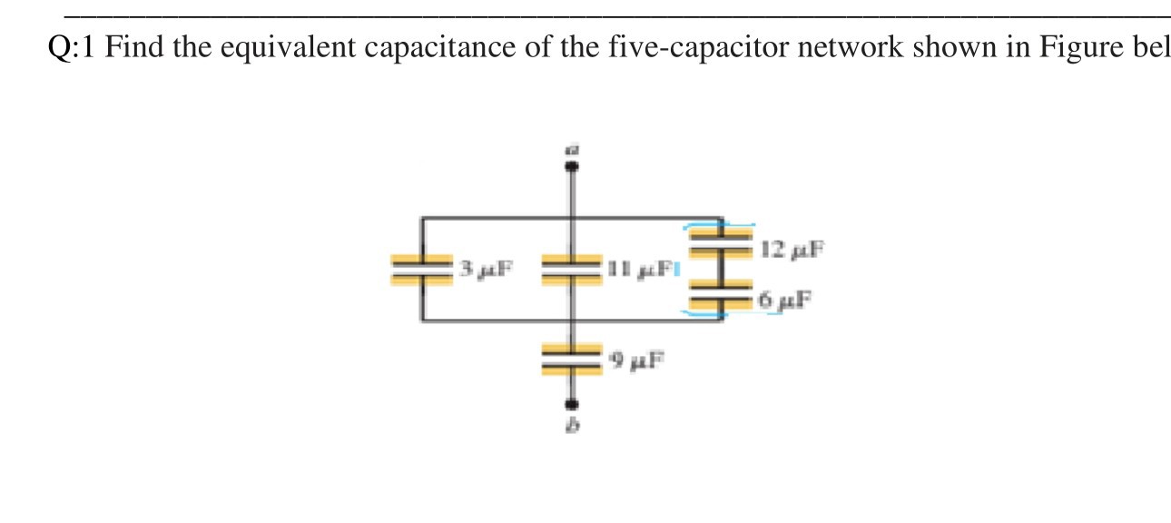 Q:1 Find the equivalent capacitance of the five-capacitor network shown in Figure bel