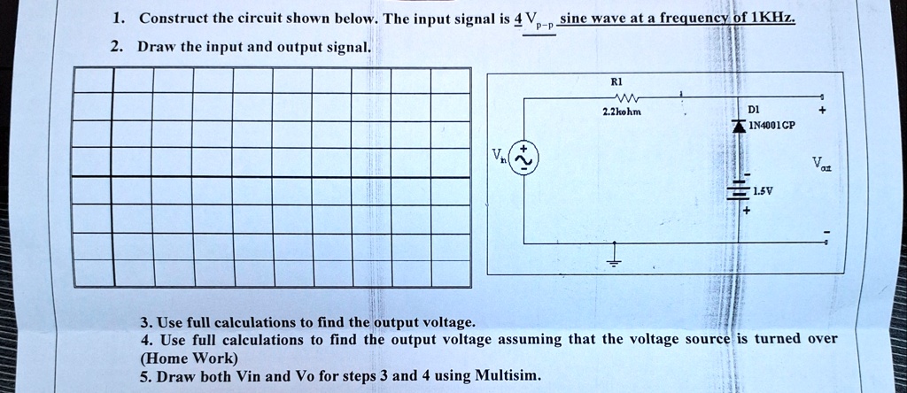1. Construct the circuit shown below. The input signal is 4 Vp-p sine wave at a frequency of ...