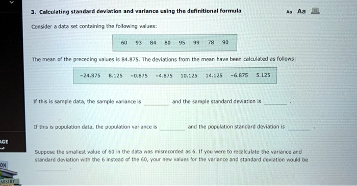 Text: Calculating standard deviation and variance using the definitional formula Consider a data ...