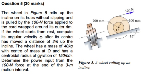 Question 5 (20 marks) The wheel in Figure 5 rolls up the incline on its ...