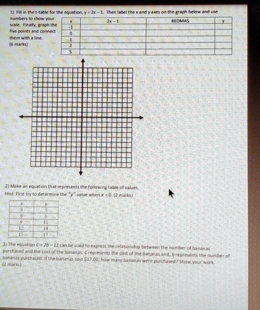 1) Fill in the t-table for the equation, y = 2x - 1. Then label the x and y axes on the graph ...