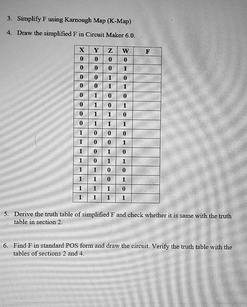 3 simplify f using karnough map k map draw the simplified f in circuit maker 60 x w 0 11 4 ...