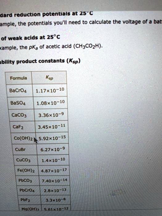 SOLVED: Standard reduction potentials at 25Â°C, the potentials you'll need to calculate the ...