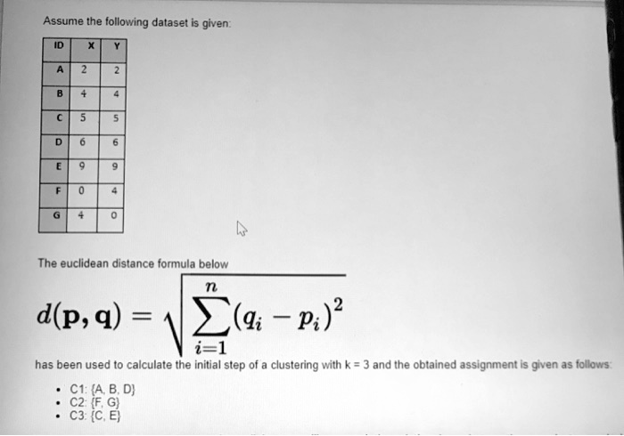 assume the following dataset is given the euclidean distance formula below n i1 has been used to ...