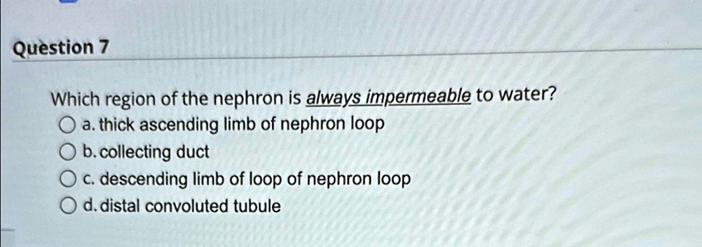 Question 7 Which region of the nephron is always impermeable to water ...